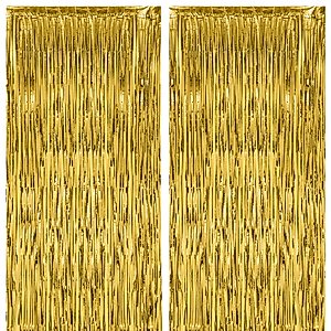 Voircoloria 2 Pack Gold Foil Fringe Backdrop Curtains, Tinsel Streamers Birthday Party Decorations, Fringe Backdrop for Graduation, Baby Shower, Gender Reveal, Disco Party