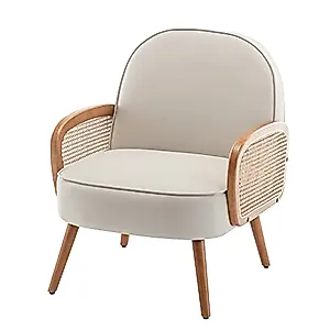 SHINEBOOM Accent Chairs Rattan Comfy Upholstered Modern Arm Chair for Living Room Reading Bedroom Balcony Faux Leather Chair, Beige