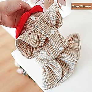 Loyalfurry Winter Dog Shirt Dress with Cute Red Doll Collar, Elegant Warm Dog Sweater Dresses with D Ring, Plaid Puppy Pet Clothes for Small Breeds (Medium, Light Brown)