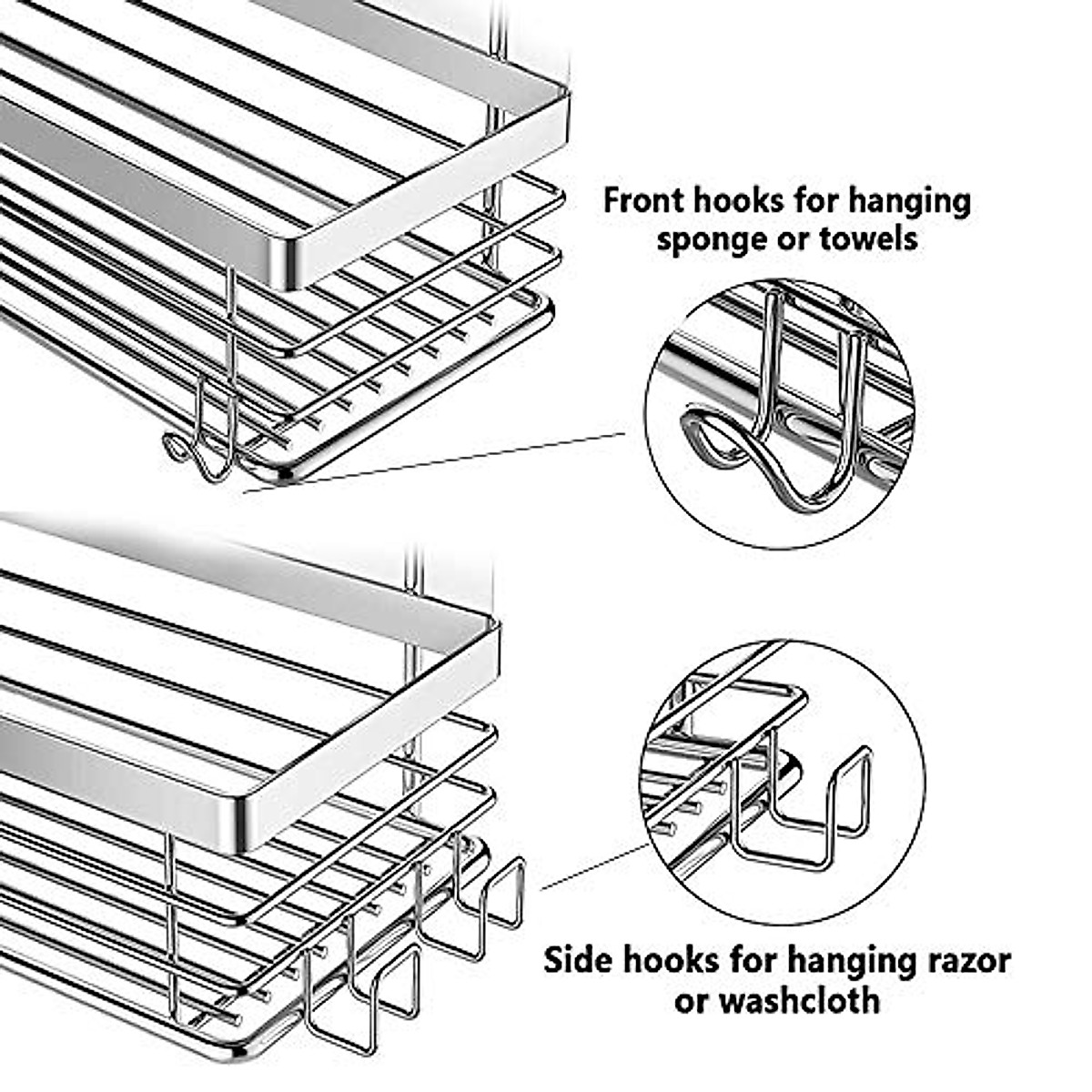 Orimade Adhesive Shower Caddy Basket Shelf with 5 Hooks Organizer Storage Rack Rustproof Wall Mounted Stainless Steel No Drilling for Bathroom, Toilet, Kitchen - 2 Pack