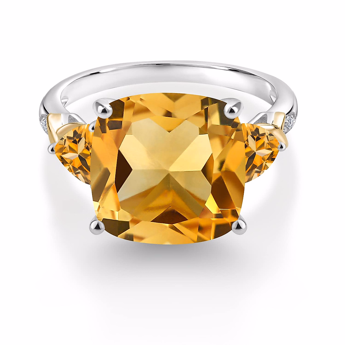 Gem Stone King 925 Silver and 10K Yellow Yellow Citrine and Diamond Ring For Women (7.33 Cttw, 12MM Cushion and 5mm Trillion, Gemstone Birthstone, Available In Size 5, 6, 7, 8, 9)