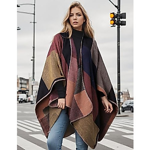PAMEILA Women's Travel Plaid Shawl Wraps Open Front Poncho Cape Warm Oversized Sweaters Casual Cardigan Shawls for Fall Winter,Series 01-Khaki