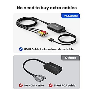 RCA to HDMI Converter,Viagkiki AV to HDMI Adapter,RCA to HDMI Composite Audio Video Converter for PS1, PS2, PS3, STB, Xbox, VHS, VCR,Black-Ray DVD Players(HDMI Cable Included)