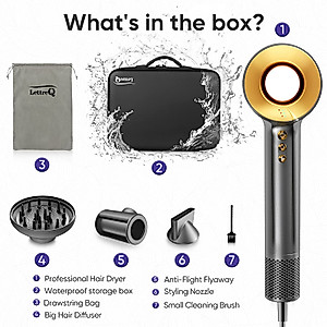 LettreQ Hair Dryer, 1400W Professional Ionic Hair Blow Dryer with Diffuser, Nozzle, Handbag, Constant Temperature, No Heat Damage, Fast Drying, 3 Heating/3 Speed Settings for Home Travel Salon (B)