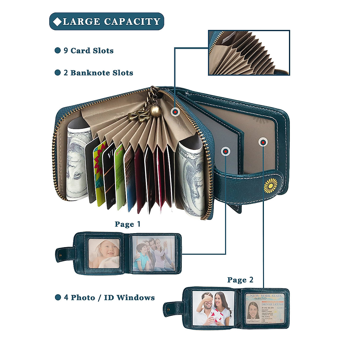 IamaCos Women Credit Card Wallet Bifold Artificial Leather Wallets RFID Blocking Zipper Card Holder 9 Card Slots 4 ID Windows Cute Pendant Blue