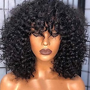 200 Density Scalp Top Curly Full Machine Made Human Hair Wigs with Bangs Remy Brazilian Short Curly Wig For Women (14 Inch)