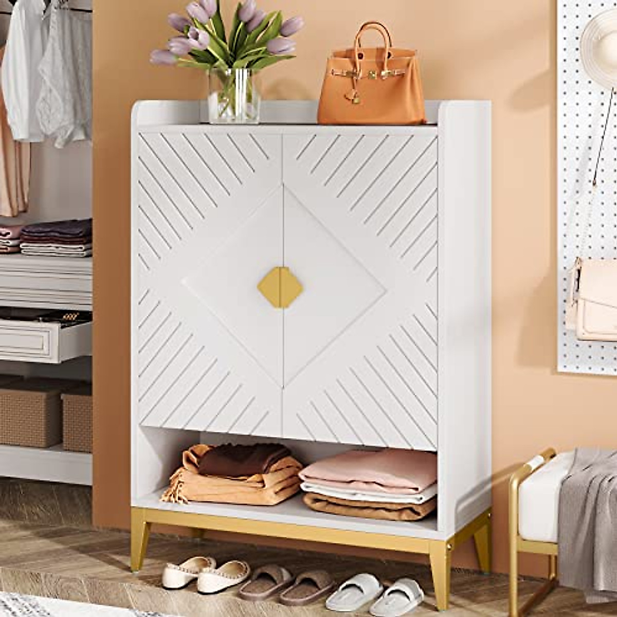 Tribesigns Shoe Cabinet with Doors, 25 Pair Shoe Storage Cabinet with Adjustable Shelves, 6-Tier Modern Wooden Shoe Rack Organizer Cabinet for Entryway, Hallway, Closet, Living Room, White and Gold
