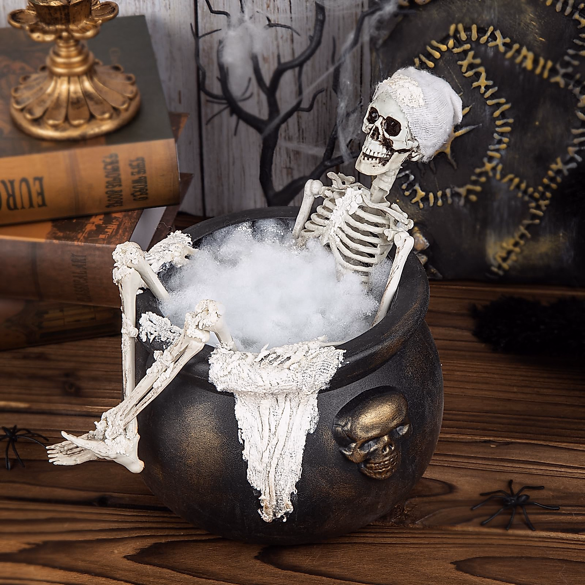 8" Cauldron Halloween Decorations Indoor, Skeleton Bathing Black Plastic Cauldron with LED Lights, Perfect Witch Cauldron Decor for Indoor Halloween Decorations Party & Haunted House Props