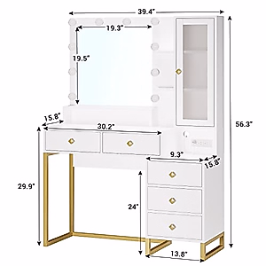 Tiptiper Large Makeup Vanity with Lights, Vanity Table with Charging Station Vanity Desk with Mirror and 10 LED Light Bulbs, Makeup Table with with 5 Drawers, Nightstand and Storage Shelves, White