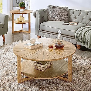 DS-HOMEPORT Round Coffee Tables Living Room with Storage, Wood Circle Coffee Table Suit for Farmhouse and Bedroom, Natural Wood