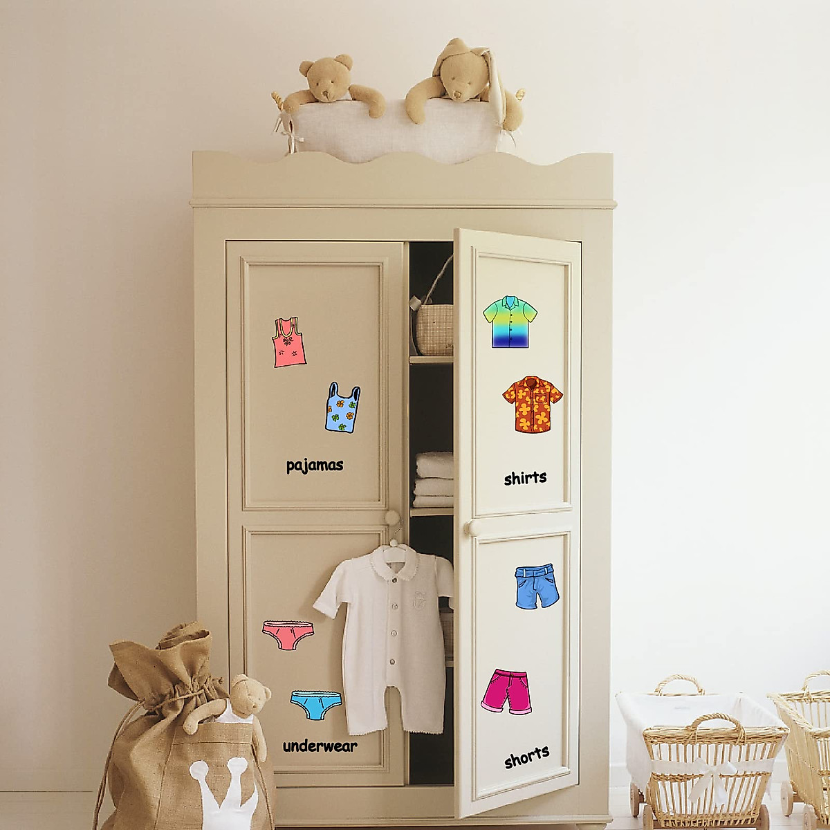 SUPERDANT 11 Style Cartoon Clothes Theme Wall Decals Clothes with Text Wall Stickers Education Wall Decor Vinyl Wall Decoration for Wall Cabinet Home Nursery Decor Bedroom Living Room