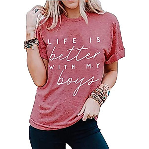 Funny Women Saying Shirt Life is Better with My Boys Summer Mama Athletic Tees Graphic Printed Beach Tee Tops, Red S