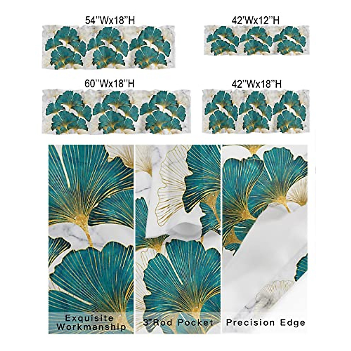 Teal Ginkgo Biloba Leaf White Marble Gold Stripes Valance Curtains for Kitchen Small Windows,Blackout Short Window Treatment Summer Leaves Rod Pocket Valance for Living Room Bedroom Decor,42"Wx12"L
