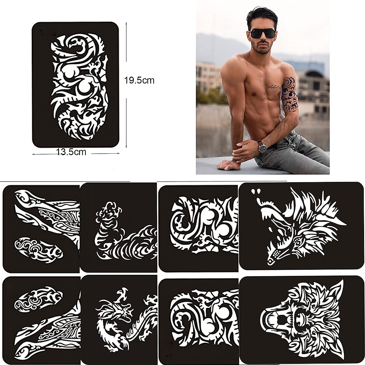 Henna Tattoos Stencils 10 Sheet Large Size Temporary Tattoo Templates Henna Stencil Reusable Body Tattoo Stencils for Men Boys Adult Teens