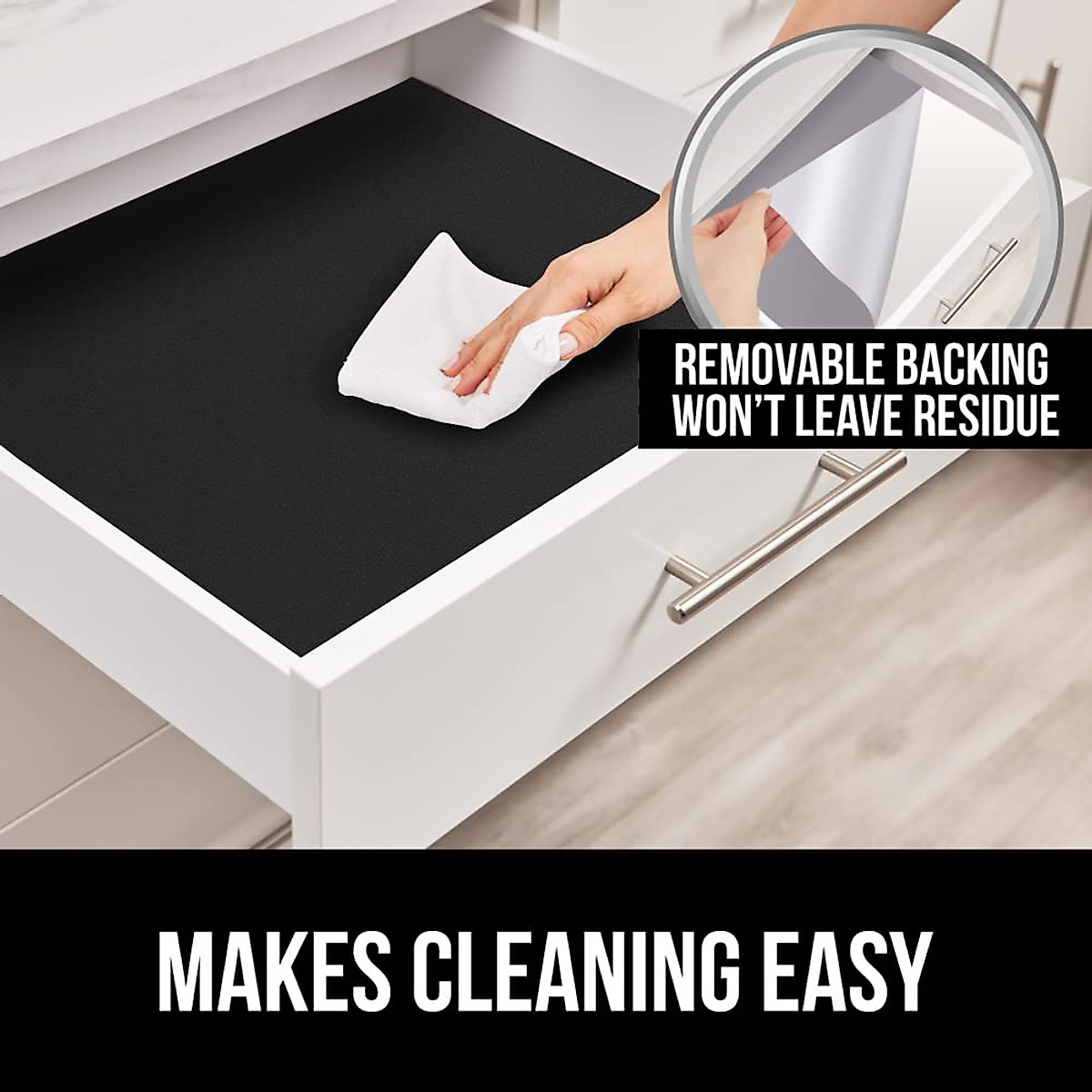 Gorilla Grip Stick Adhesive Removable Liner and Smooth Drawer Liner, Adhesive Liner Size 17.5x10, Contact Liner for Book Covers, Smooth Liner Size 17.5x20, Non Adhesive, Both in Black, 2 Item Bundle