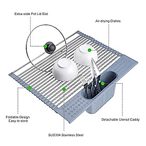 NiHome Roll Up Dish Drying Rack with Utensil Holder Over The Sink Dish Drying Rack Detachable Stainless Steel Dish Drainer,17.7" x14.7" Wide