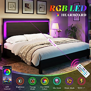 AMERLIFE Wood King Bed Frame with 47" Headboard, Rustic Platform Bed with LED Lights, Mattress Foundation with Wooden Slats Support, No Box Spring Needed/Noise Free, Black