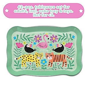 Jewelkeeper Tea Set for Little Girls - 15 Piece Sets Kids Tin Tea Party with Cups, Saucers, Plates & Serving Trays-Toddler Princess Tea Time Pretend Play-Safari Design Picnic Toy -Girls Birthday Gift