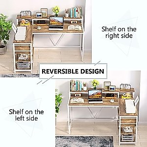 LITTLE TREE 55" L-Shaped Computer Desk, Reversible Home Office Desk with File Drawers and Monitor Stand, Gaming Desk Writing Study Table Workstation