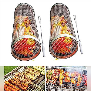 OQOPO BBQ Net Tube, Rolling BBQ Grilling Basket, Outdoor Picnics BBQ Grill Stainless Steel Mesh Versatile Cylinder Grill Cooking Accessories for Vegetables,Fries,Meat,Fish BBQ Net Tube (2Pcs)