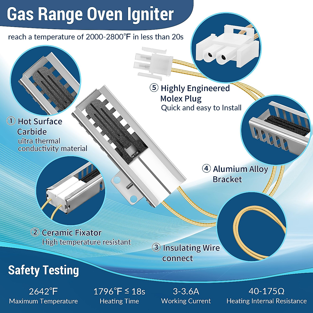 Dreyoo DG94-00520A Gas Range Oven Igniter Compatible with Samsung Gas Range Oven, Flat Oven Igniter with Connector Plug and Nuts, Replacement of 2692271 AP5577941 EAP4241428 PS4241428 (One Ear)