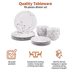 Amazon Basics 18-Piece Kitchen Dinnerware Set, Plates, Dishes, Bowls, Service for 6, Branches