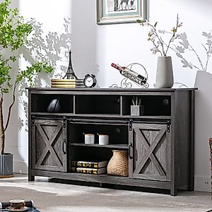 fancyqube Farmhouse Coffee Bar Cabinet, Rustic Sliding Barn Door Storage Cabinet with Power Outlet, Buffet Server Sideboard Cupboard Table for Dining Room Entryway Kitchen (Wash Grey)