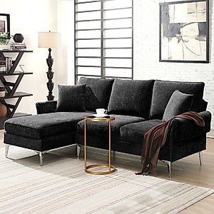 L-Shaped Sofa with Chaise Lounge, Reversible Sectional Sofa Couch with 2 Pillows, Upholstered Couch for Living Room, Bedroom, Small Space (Black)