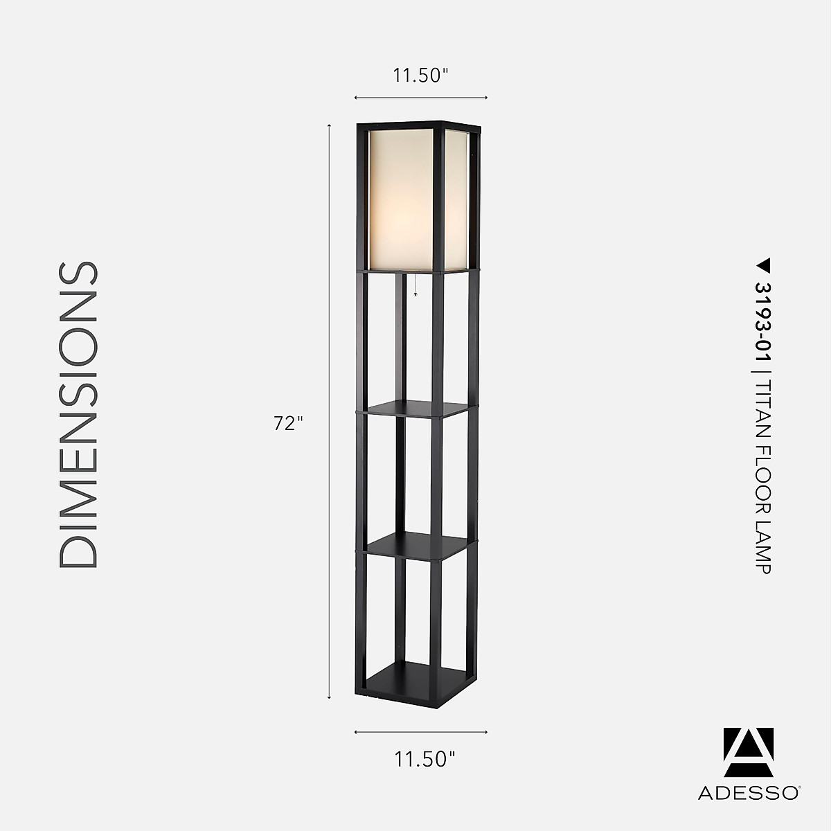 Adesso 3193-01 Titan Tall Shelf Floor Lamp, 72 in, 150W Incandescent/equiv. CFL, Black PVC Veneer on MDF, 1 Floor Lamp