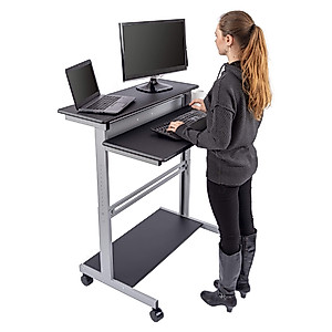 Stand Up Desk Store Rolling Adjustable Height Two Tier Standing Desk Computer Workstation (Silver Frame/Black Top, 40" Wide)