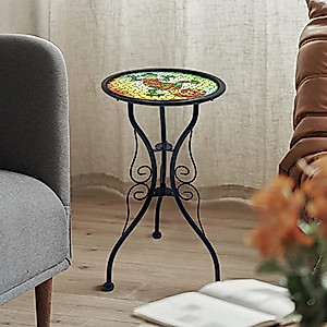 YardsBee Gecko Outdoor Side Table,Mosaic Patio Side Table,12 Inch Accent Round Side Table,Plant Table with Tile Top,Samll Metal Glass End Table for Garden Porch Patio Home