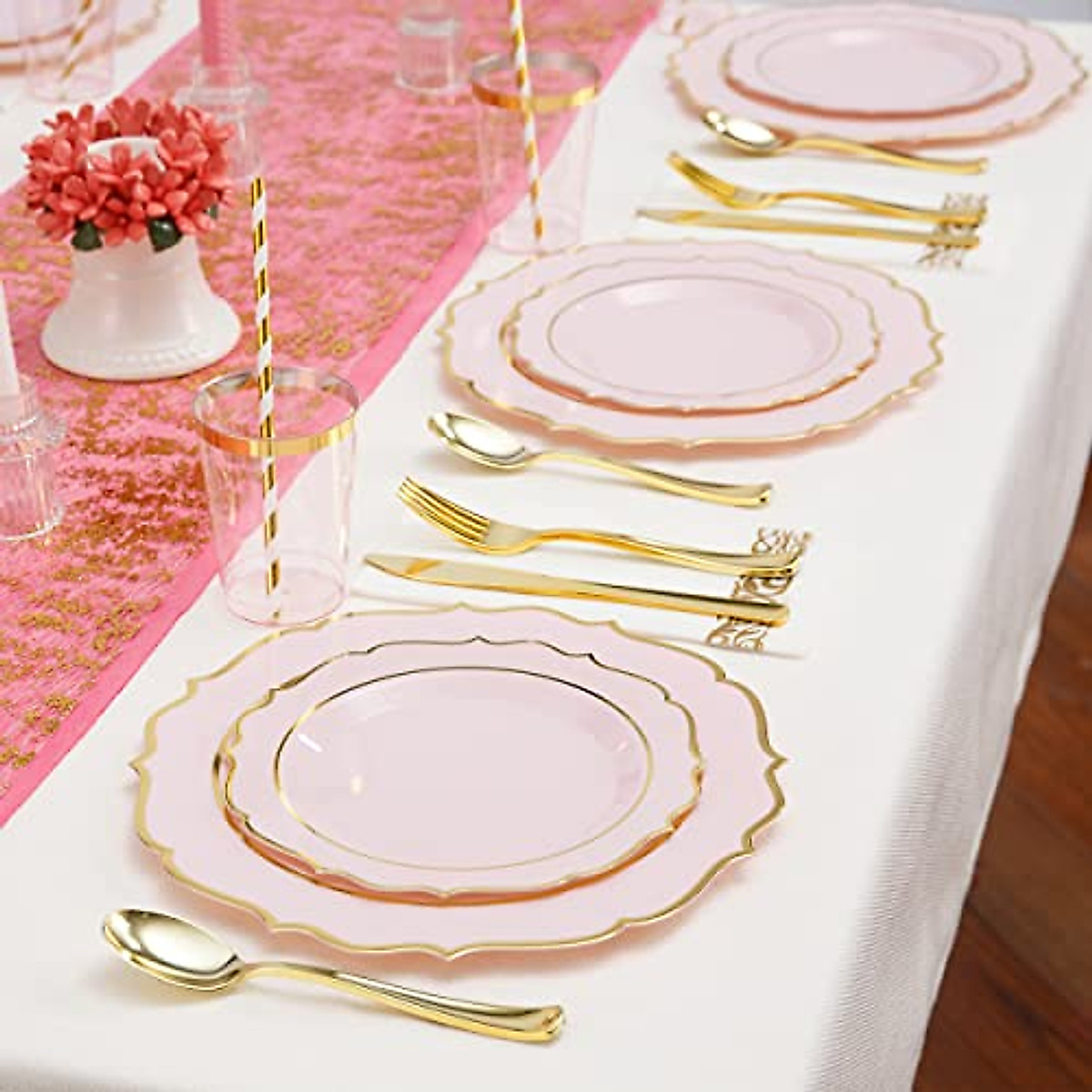 ISFANGCO 200 PCS Pink Thickened Plastic Plates Set for 25 Guests,Gold Rimmed Heavy Duty Disposable Plates for Party Wedding with Napkins,25 Dinner Plates,Dessert Plates,Spoons,Forks,Knives,Cups