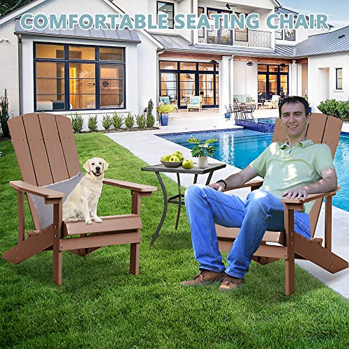 May in Color Plastic Adirondack Chair Outdoor Chair, Weather Resistant Modern Fire Pit Patio Chair, Reclining Tall Large Plastic Adirondack Chair for Backyard,Garden,Lawn,Pool,Beach,Deck. (1, Teak)