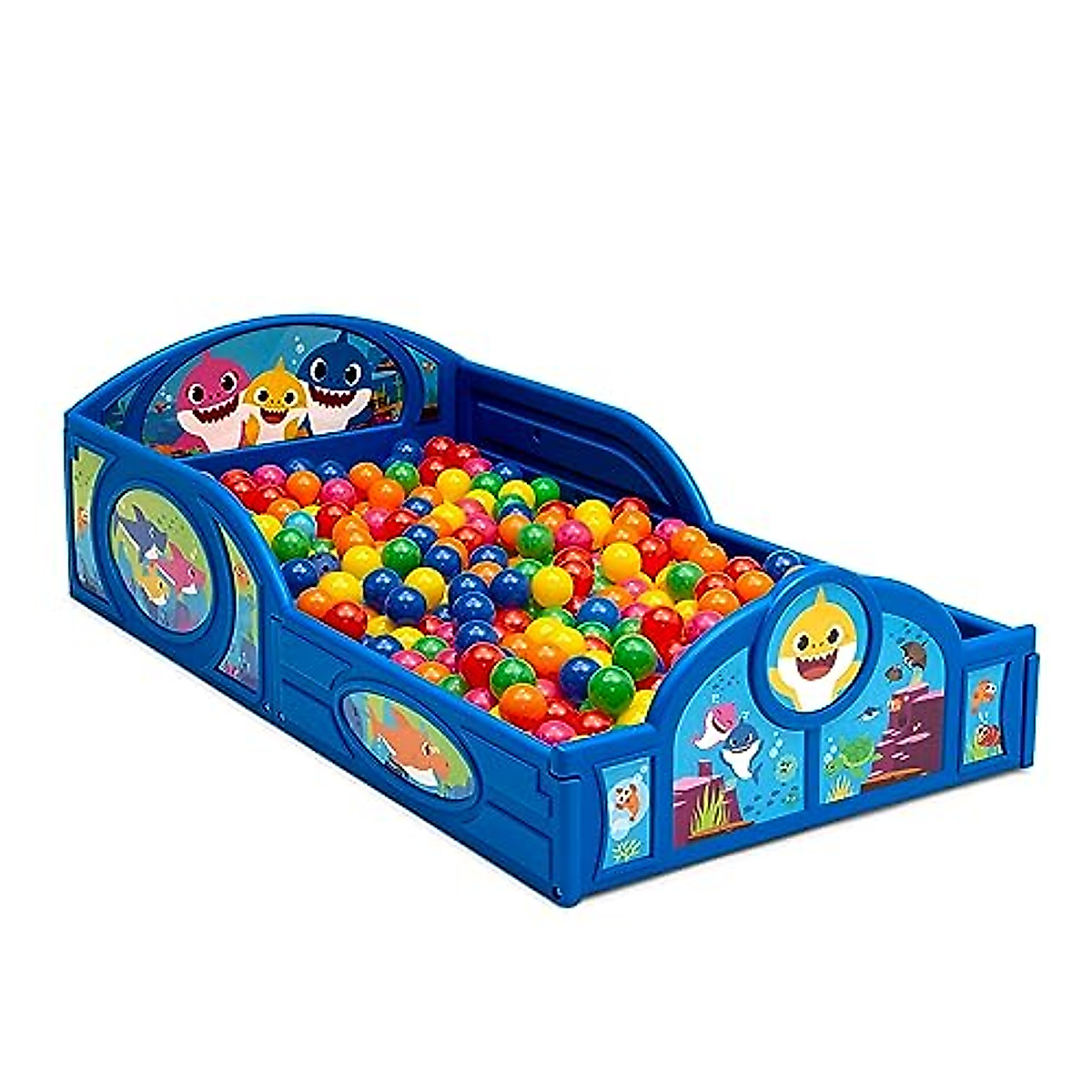 Baby Shark Plastic Sleep and Play Plastic Toddler Bed + Delta Children Twinkle Galaxy Dual Sided Recycled Fiber Core Crib and Toddler Mattress (Bundle)