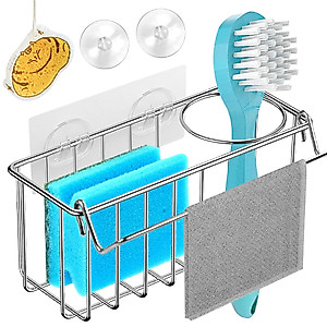 3-In-1 Kitchen Sink Organizer In-Sink Sponge and Brush Holder for Kitchen Sink - 304 Stainless Steel Sink Holder for Brush and Sponge - Durable Kitchen Accessories, Dishcloths, Brushes