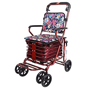 Shopping Trolley on Wheels Multi Function Shopping Cart The Elderly Cart Little Pull Car Elderly Wheelbarrow Can Push to Sit Foldable Walker Four Scooter Storage Hand Trucks,Gold Flower ,Sh