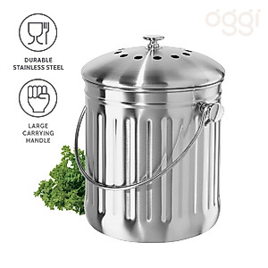 Oggi Countertop Compost Bin with Lid-1 Gallon Indoor Compost Bin Charcoal Filter, Stainless Steel Compost Container, Ideal Kitchen Compost Pail, Eco Friendly Products, (7320)