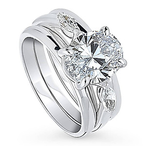 BERRICLE Sterling Silver 3-Stone Wedding Engagement Rings Oval Cut Cubic Zirconia CZ Ring Set for Women, Rhodium Plated Size 4