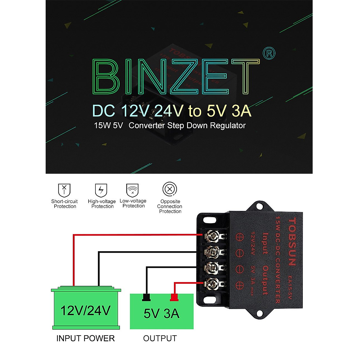 BINZET DC Converter Step Down Regulator 5V Regulated Power Supplies Transformer Converter (5V 3A 15W)