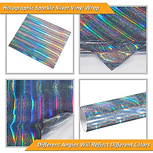 AuMoHall Holographic Sparkle Silver Car Vinyl Wrap Glitter Light Beam Glossy Colorful Chameleon Car Vinyl Wrap with Air Release Technology, 59.84'' x 11.81''