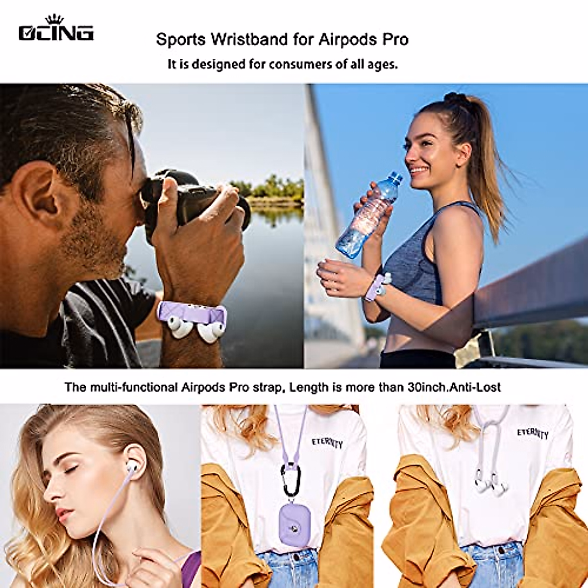 OCING 5 in One New Airpods Pro Case Cover with Snap Lock Safer Secured,360° Protective Silicone Case for Girl Women Kids, Supports Wireless Charging[Front LED Visible] (Purple)