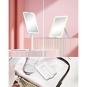Gospire Travel Makeup Mirror with Lights and Magnification 10X, Portable Make Up Compact Tabletop with Adjustable Stand, 3 Colored Light Rechargeable Lighted LED Cosmetic Vanity- White