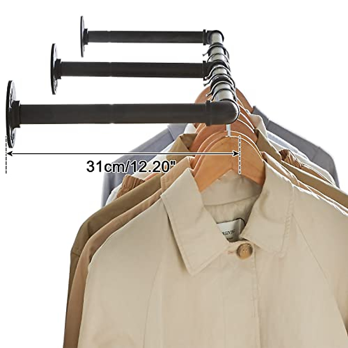 IBUYKE 70 Inch Industrial Pipe Clothes Bar Rack, Wall Mounted Garment Hanging Storage Rail, for Bedroom, Living Room, Laundry Room, Retail Display, Triple Base, Black TYJ003H