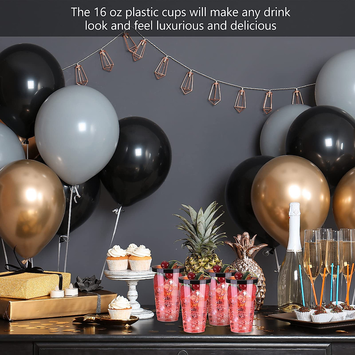 Norme 50 Pcs Plastic Cups 16 oz Disposable Cups Plastic Party Drinking Cups Wine Glasses for Parties Old Fashioned Tumblers for Coffee Wedding Wine (Black)