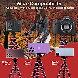 TALK WORKS Flexible Tripod for iPhone, Android, Camera - Bendable Legs, Adjustable Stand Holder with Mini Wireless Remote for Selfies, Vlogging, Beauty/Makeup, Live Streaming/Recording - Pink