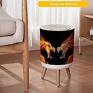 OJNR36WKPD Small Trash Can with Lid Two Dragon Heads Fire Transperent Ornaments Round Garbage Can Press Cover Wastebasket Wood Waste Bin for Bathroom Kitchen Office 7L/1.8 Gallon