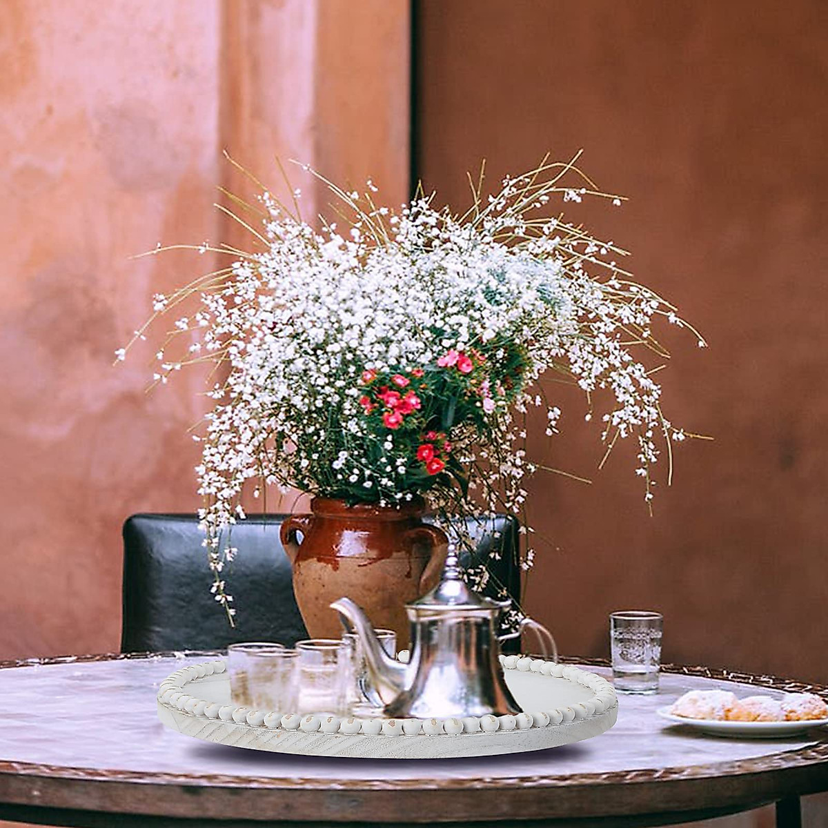 White Beaded Lazy Susan Wooden Kitchen Turntable Round Spinning Lazy Susan Organizer Wood Lazy Susan Turntable 360 Degrees Rotating Lazy Susan for Table Pantry Cabinet Tray Stand (12 Inches)