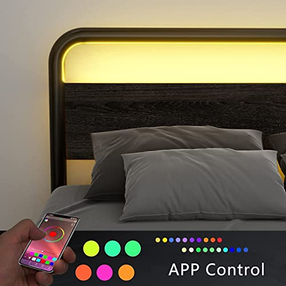 Catrimown King Bed Frame with Headboard LED Bed Frame King Metal Platform Bed Frame King Size Heavy Duty King Wood Platform Bed Frame Under Bed Storage Noise Free No Box Spring Needed