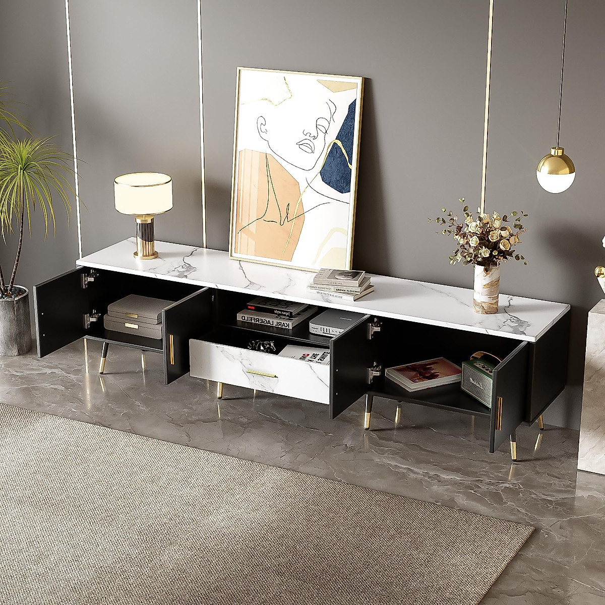 Merax Modern TV Stand for 80 Inch TV, 70 Inch Black & White TV Stand with Storage Cabinets, Drawer, and Open Space, Universal Entertainment Center Media Console for Living Room, Bedroom, Office