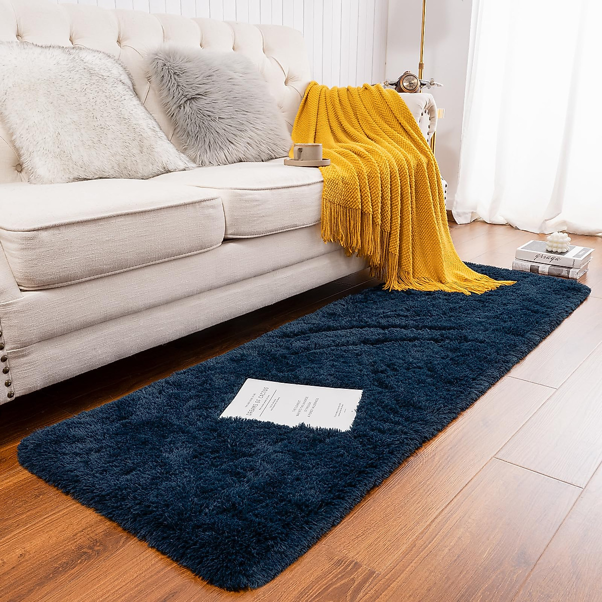 Maxsoft Soft Shaggy Runner Rug for Bedroom, 2x6 Feet Indoor Modern Fluffy Area Rugs Fuzzy Carpet for Hallway Bedside, Upgrade Non-Slip Shag Plush Rug for Dorm Living Room, Navy Blue